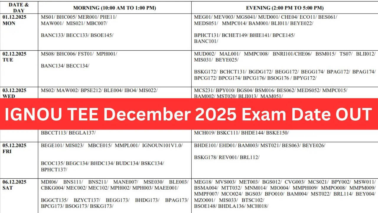 IGNOU TEE December 2025 Exam Date Released at ignou.ac.in check here ...
