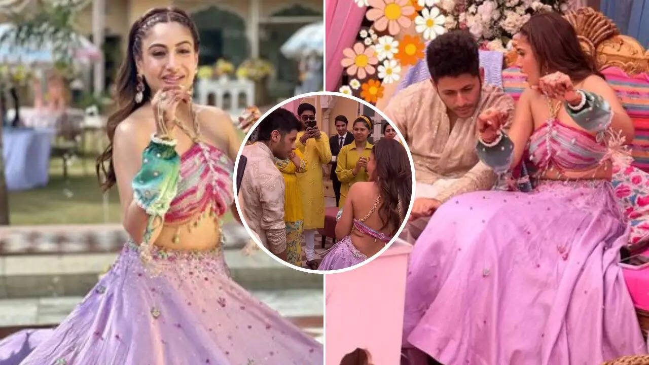 Surbhi Chanda के हाथों में सजा Karan Sharma के नाम का चूड़ा, हल्दी में ...