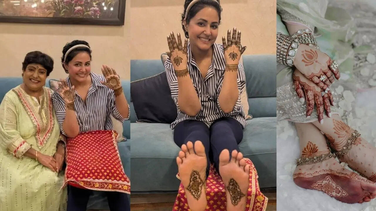 Hina Khan Mehndi design: प्यारे पिया के नाम की मेहंदी लगवाकर फूल सी ...